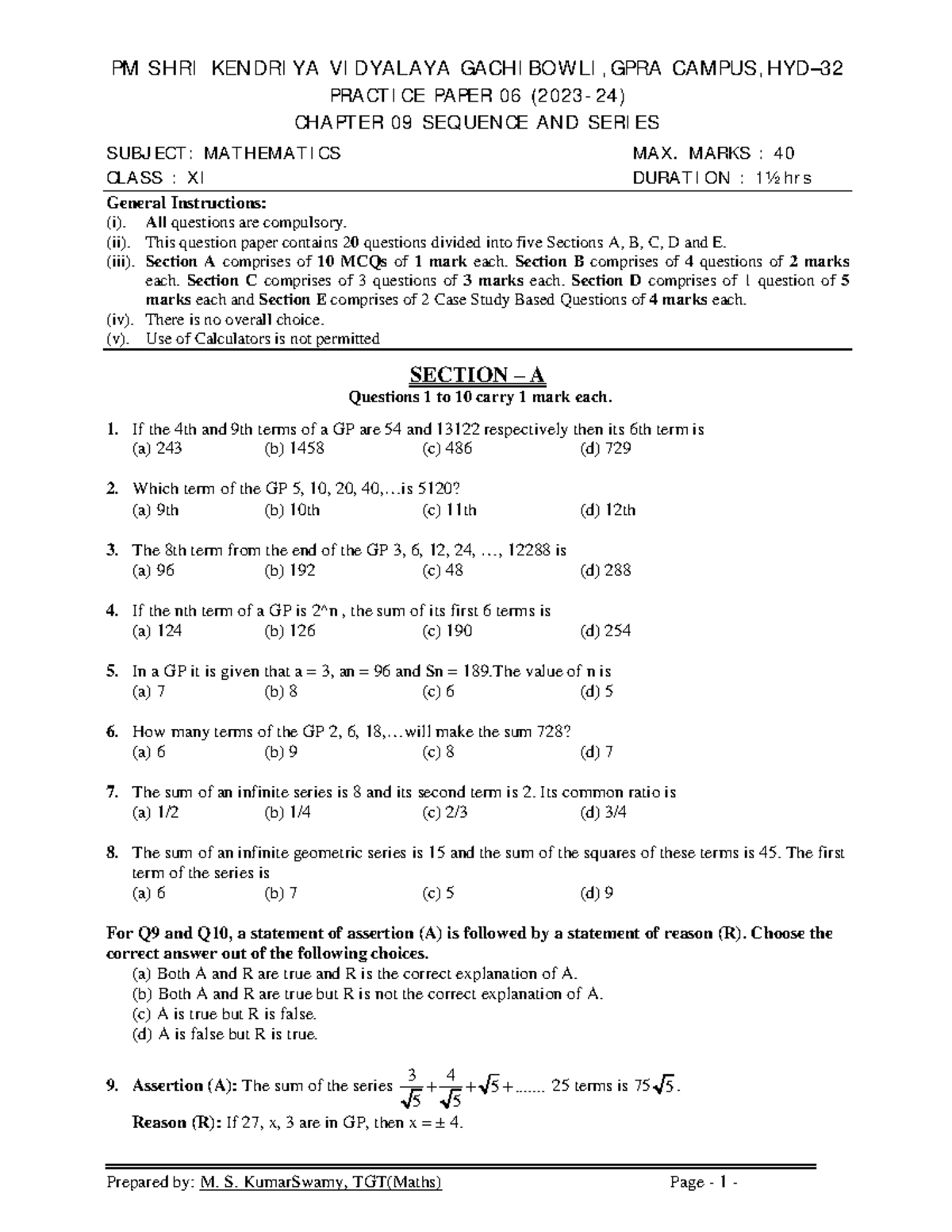 PM SHRI KENDRIYA VIDYALAYA GACHIBOWLI, GPRA MATHEMATICS PRACTICE PAPER ...