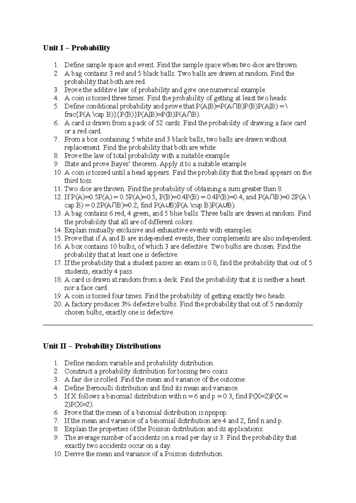 CAD101 Probability and Statistics: Unit I to Unit III Questions - Studocu