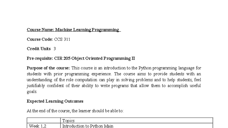 Machine Learning Programming Overview - CCS 311 - Studocu