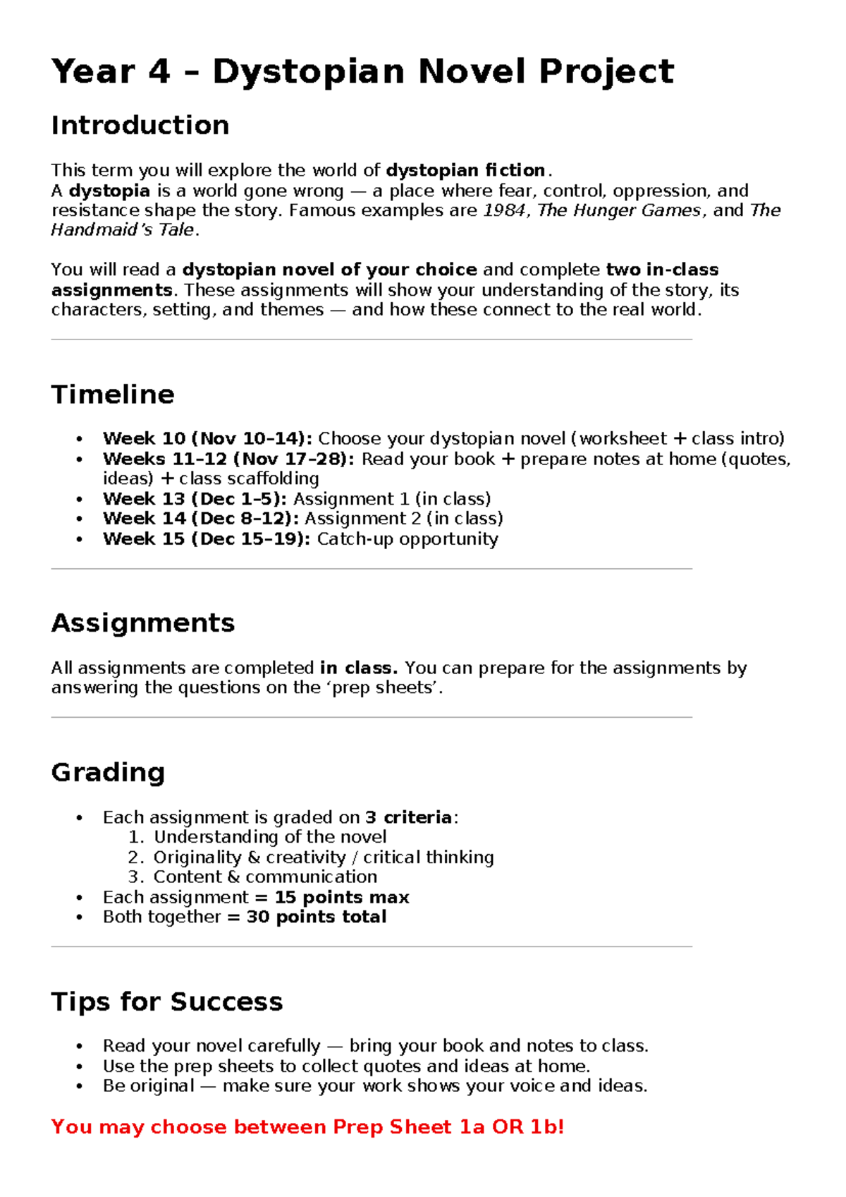 Year 4 Dystopian Novel Project: Introduction & Assignments - Studeersnel