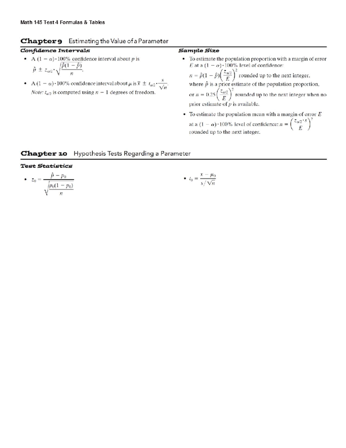 Math 145 Test 4 Formulas and Tables-5e - Chapter 6 Discrete Probability ...