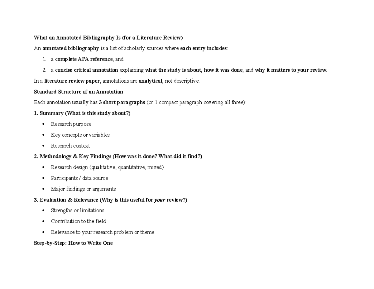 Annotated Bibliography Template for Literature Review (ENG 101) - Studocu