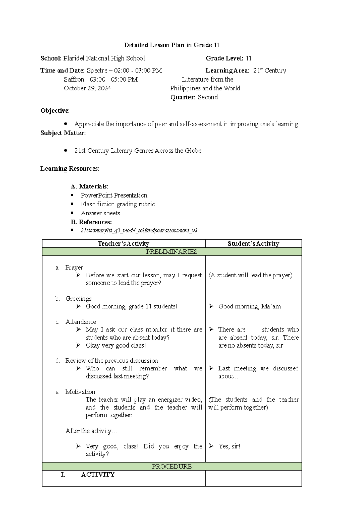 Detailed Lesson Plan for 21st Century Lit (Grade 11) - Oct 29, 2024 ...