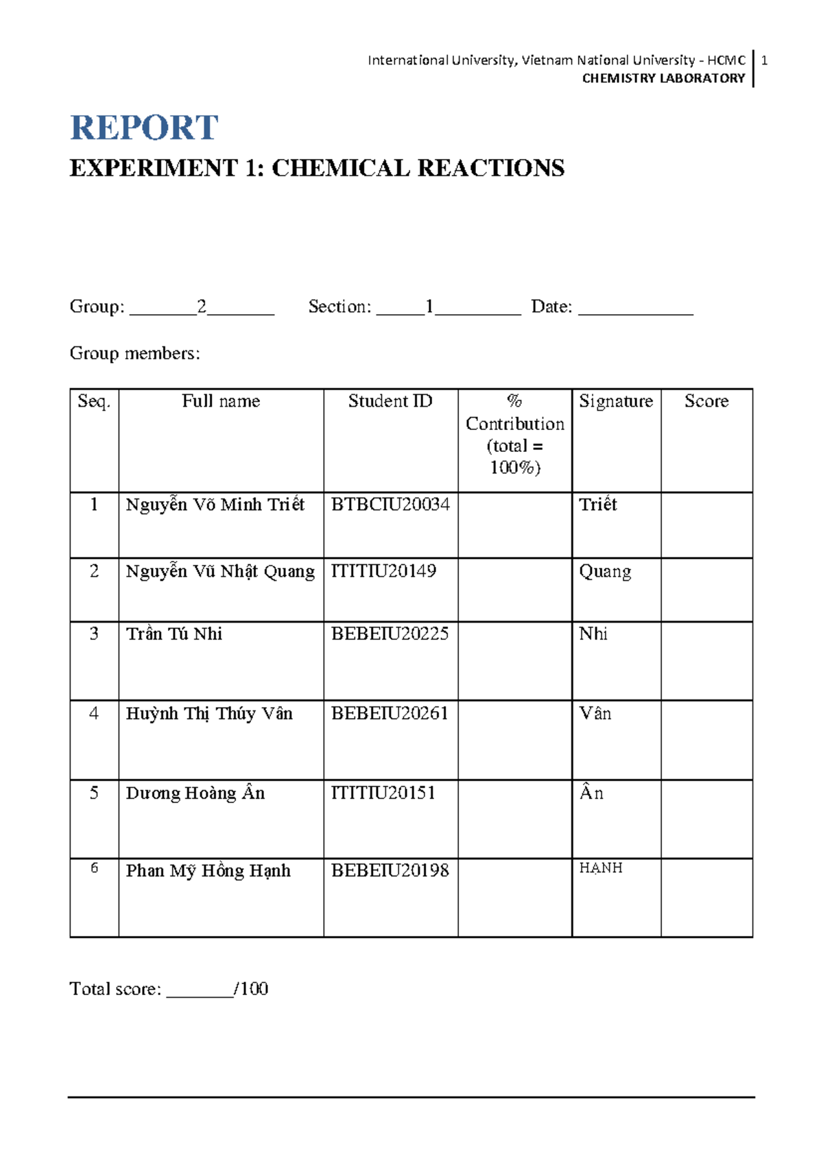 ;AB REPORT EXPERIMENT 1: CHEMICAL REACTIONS - chemistry laboratory ...