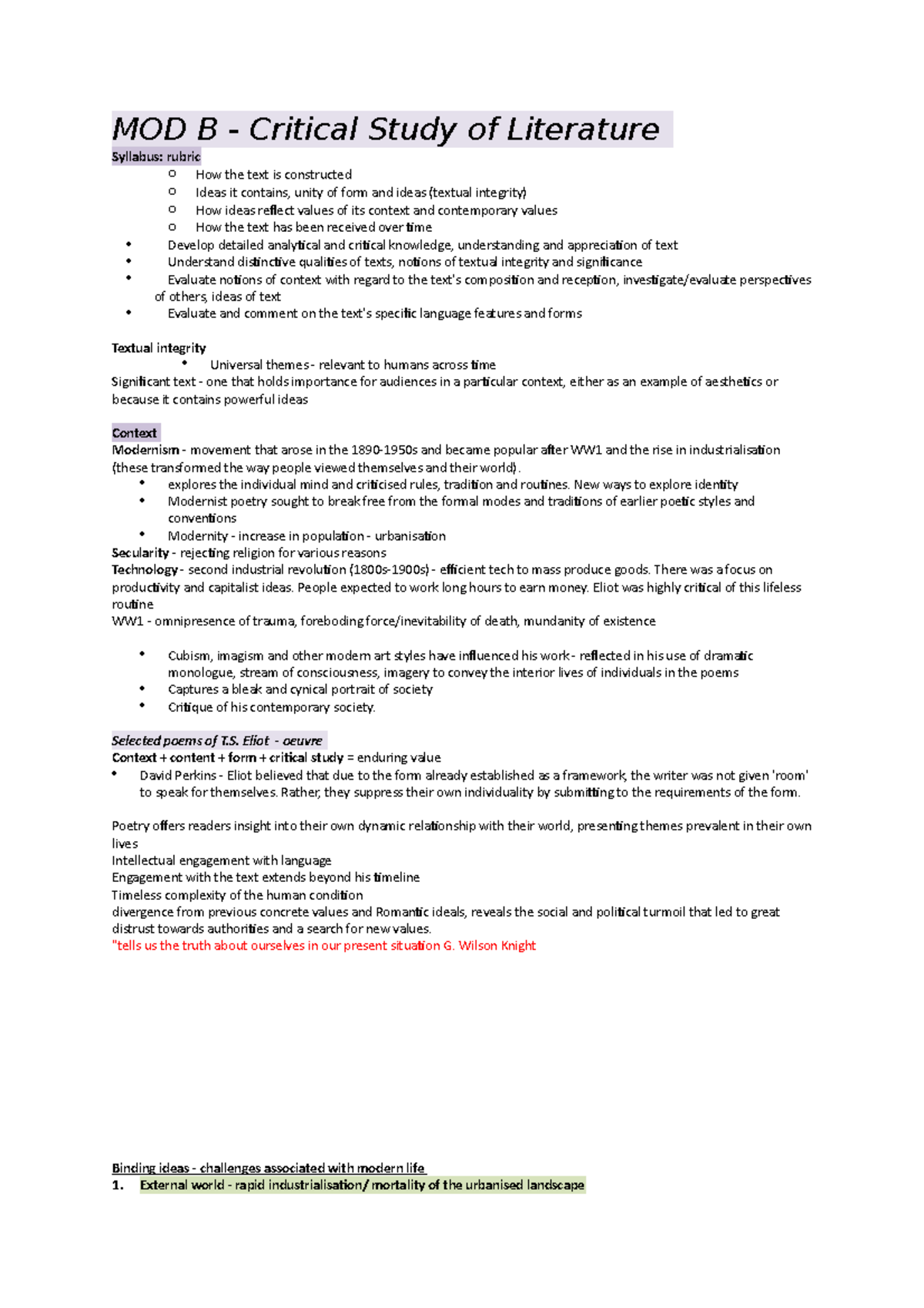 Advanced English Literature Mod B: Critical Study Notes on Modernism ...