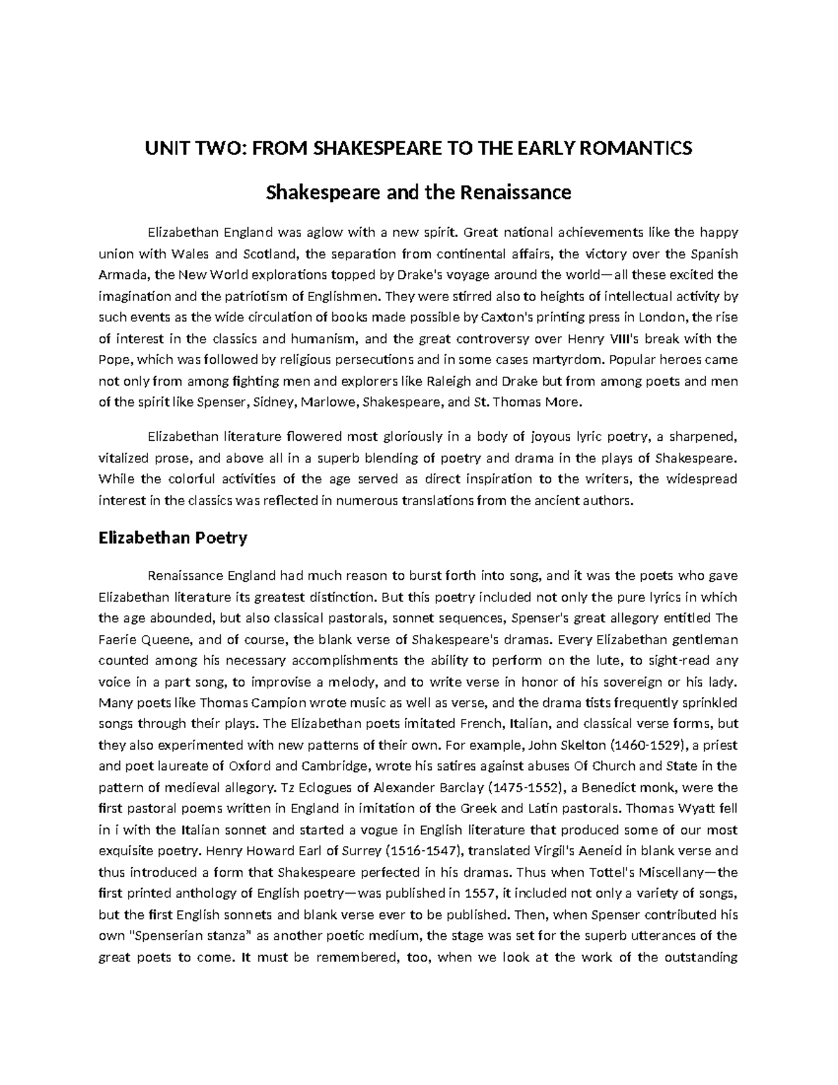 Renaissance period - UNIT TWO: FROM SHAKESPEARE TO THE EARLY ROMANTICS ...