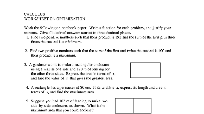 CALC 101 FINAL EXAM WORKSHEET ON OPTIMIZATION PROBLEMS - Studocu
