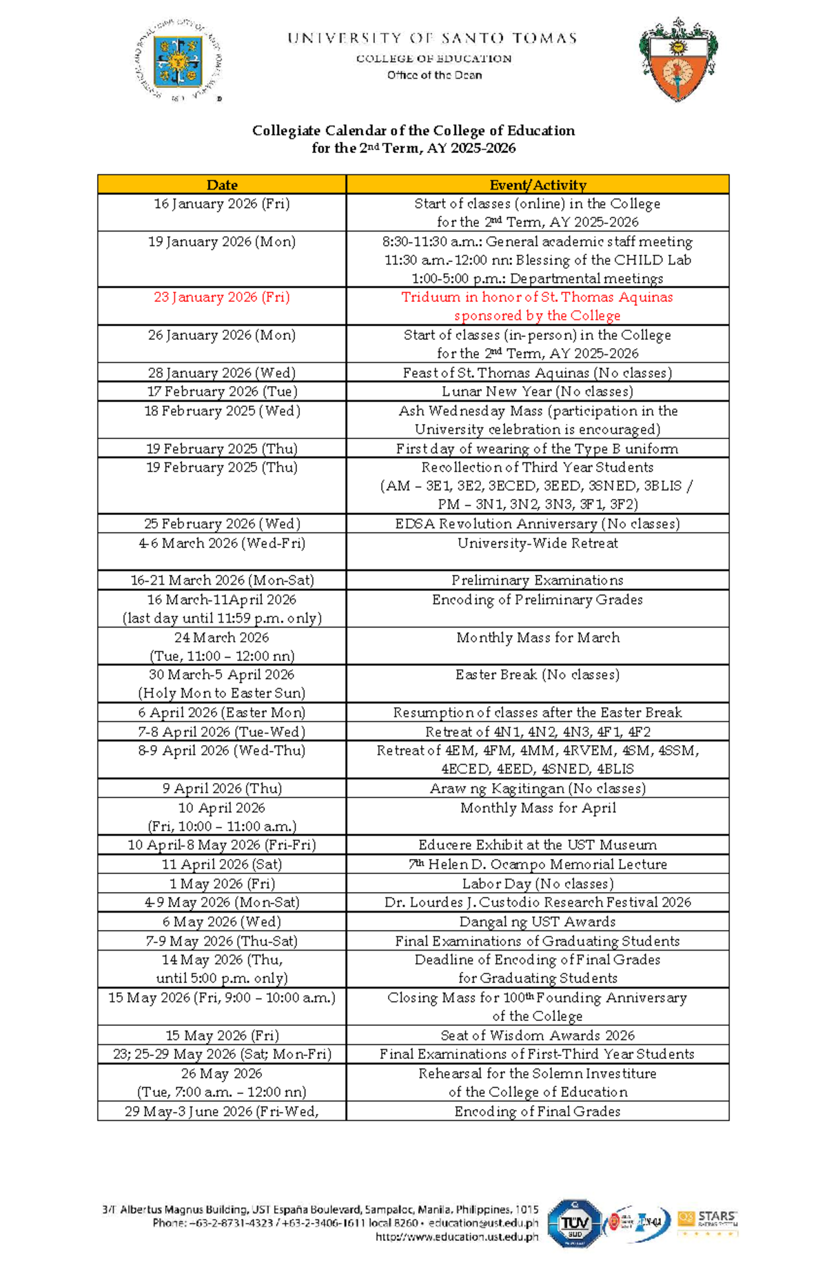 Collegiate Calendar for 2nd Term AY 2025-2026 - College of Education ...