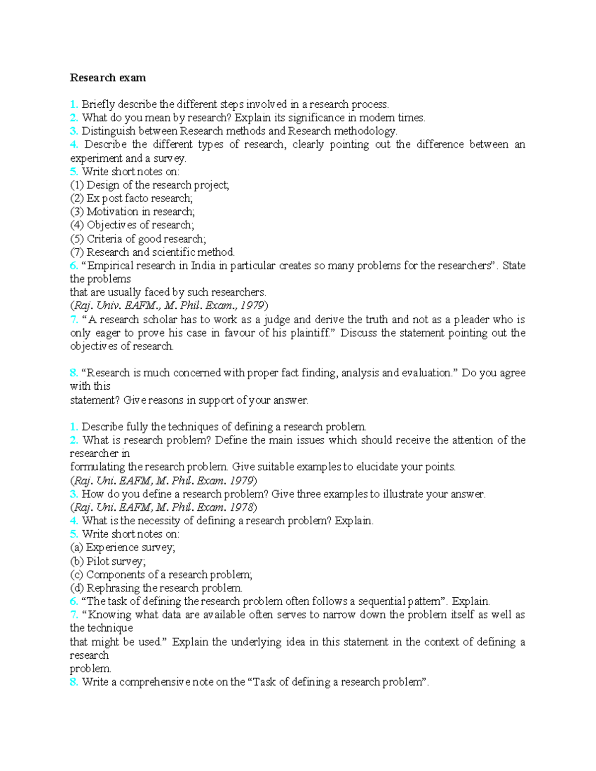 Research Methods Exam Questions (Raj. Uni. EAFM, M. Phil.) - Studocu