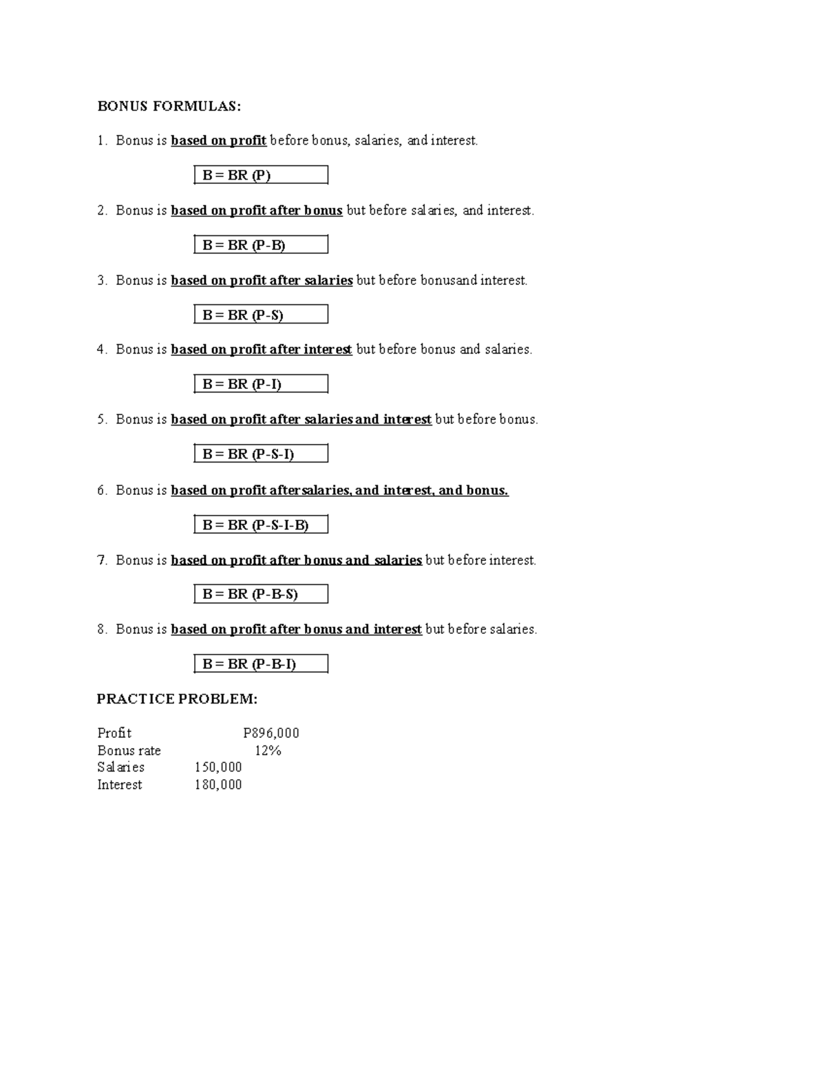 Bonus Formulas and Practice Problems for B BR - Studocu
