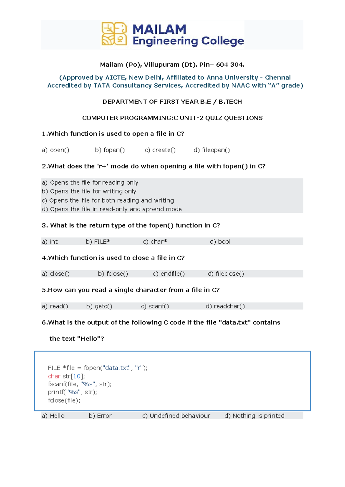 B.E B.Tech Computer Programming: C Quiz Questions - Studocu
