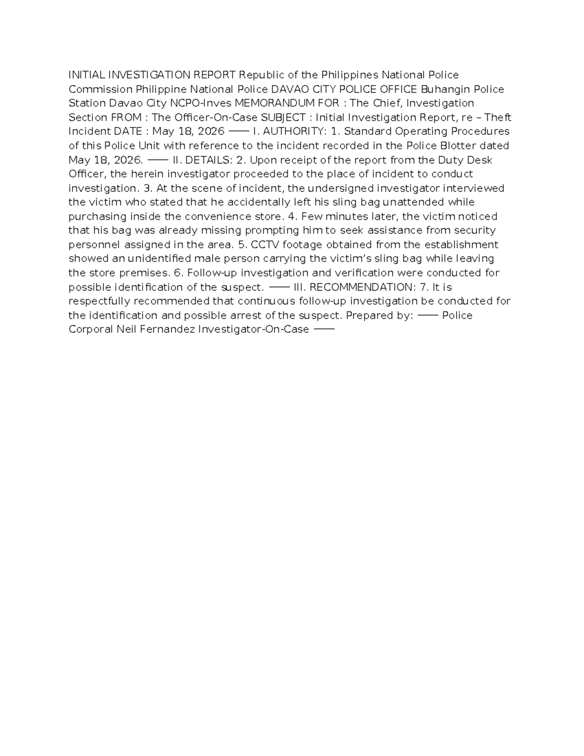 Initial Investigation Report on Theft Incident - Davao City - Studocu