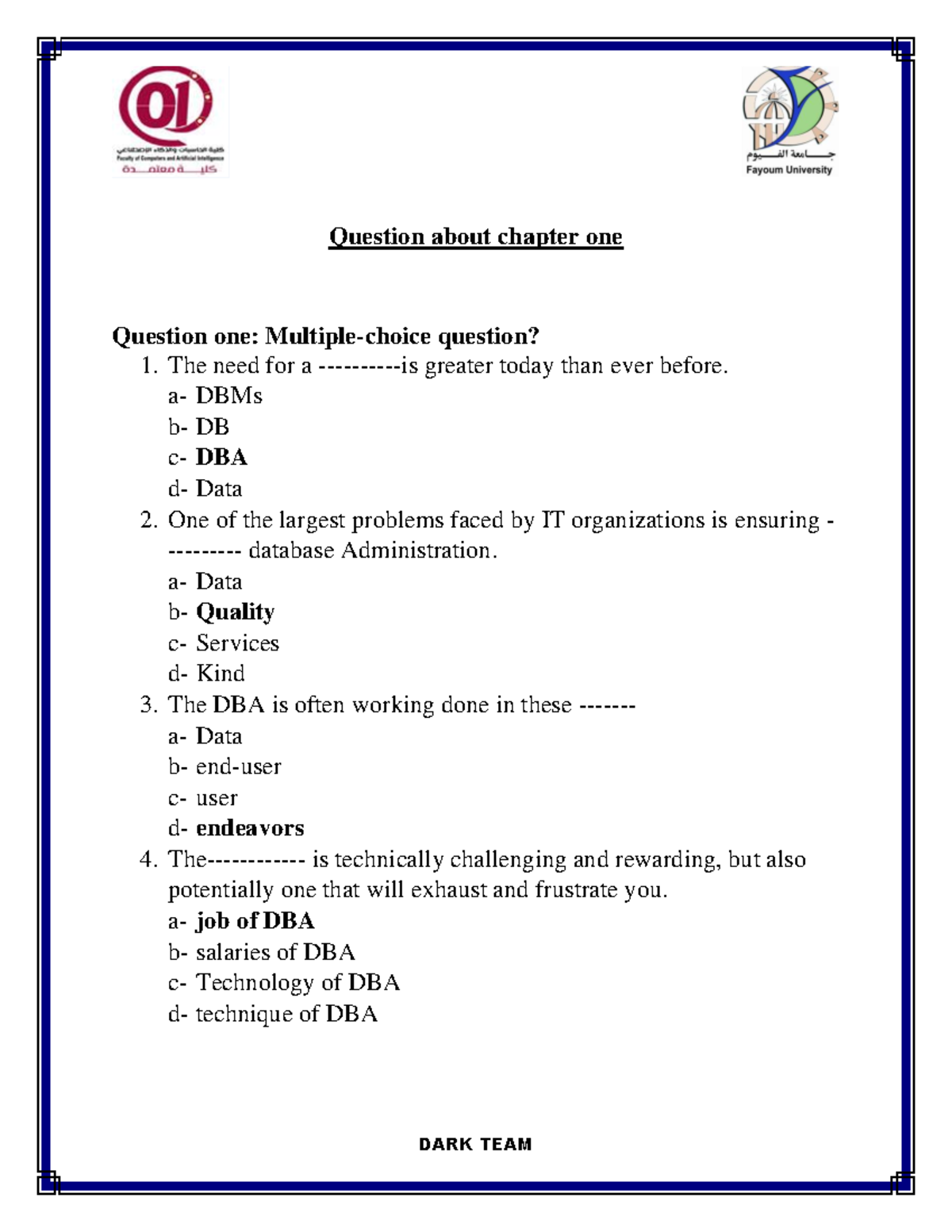 CH1 - MCQ - Database Administration Questions and Answers - Studocu