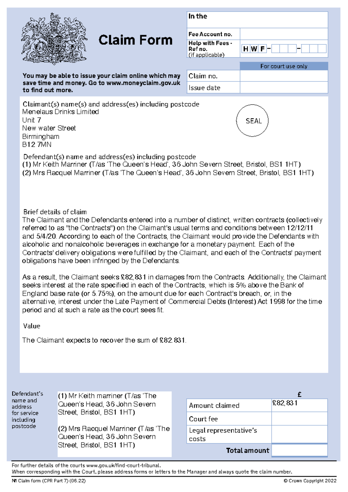 N1 Menelaus Case - Lecture Notes on Claim Form and Details - Studocu