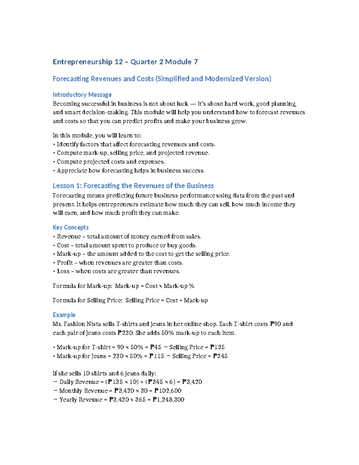 Entrepreneurship 12 Q2 Module 7: Modernized Revenue & Cost Forecasting ...