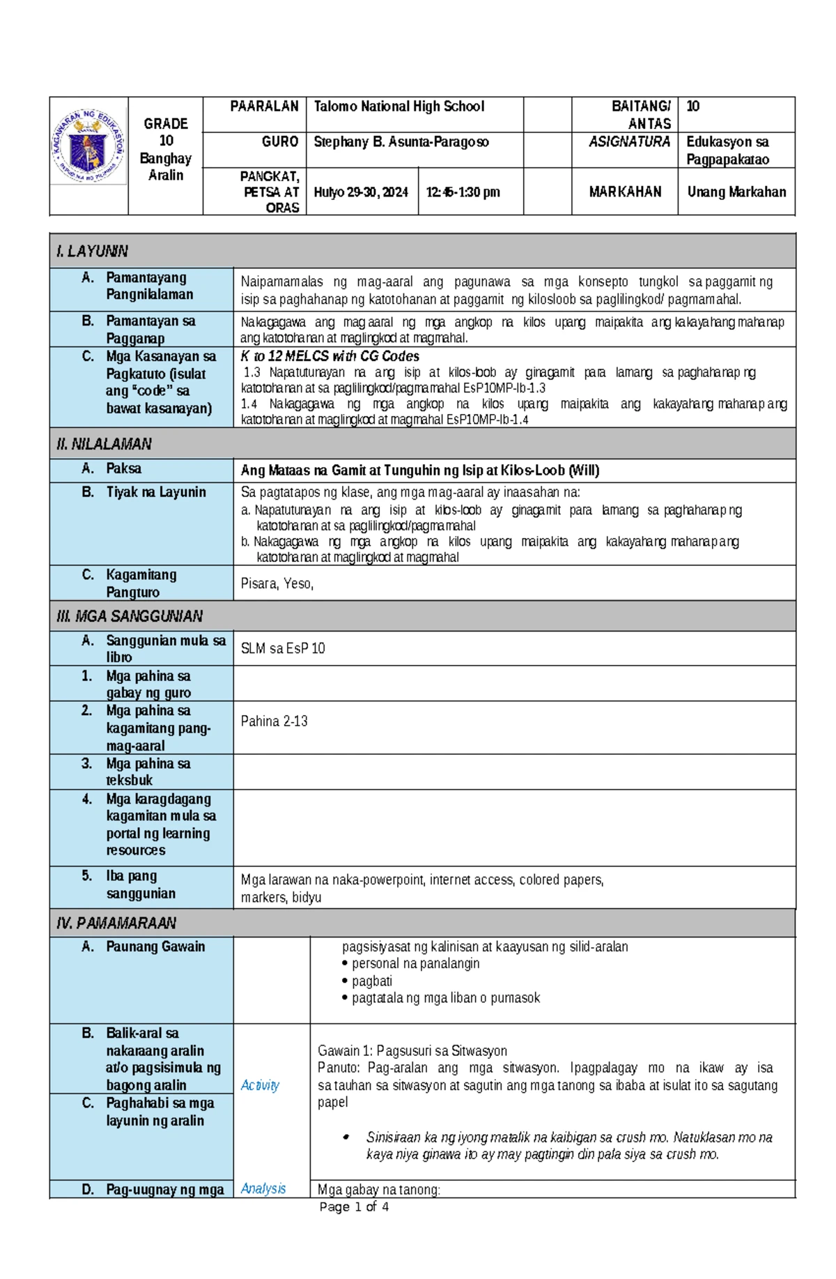 Lesson Plan for ESP 10-Q1-M7: Understanding True Freedom - Studocu