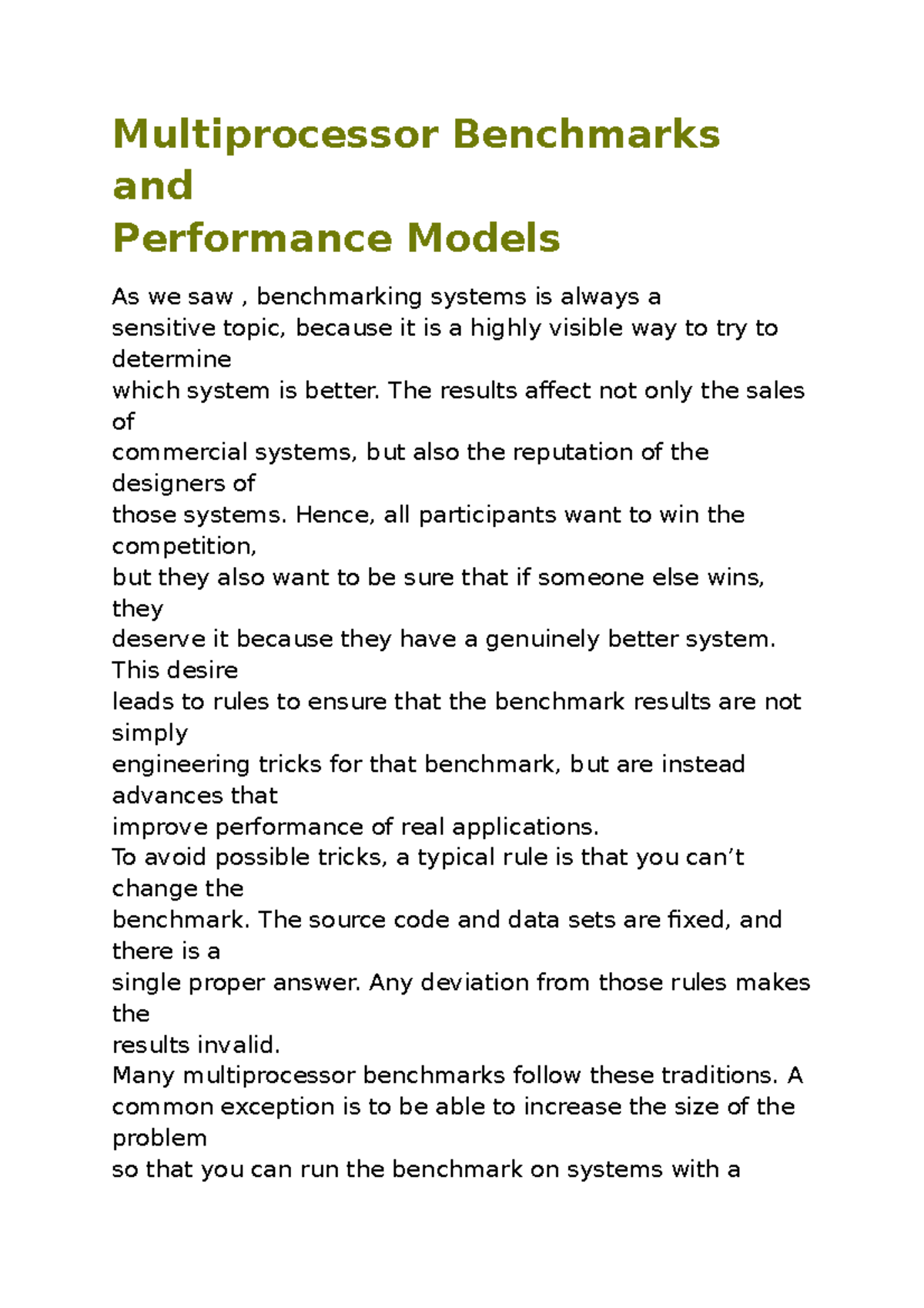 Multiprocessor Benchmarks And Performance Models Multiprocessor Benchmarks And Performance