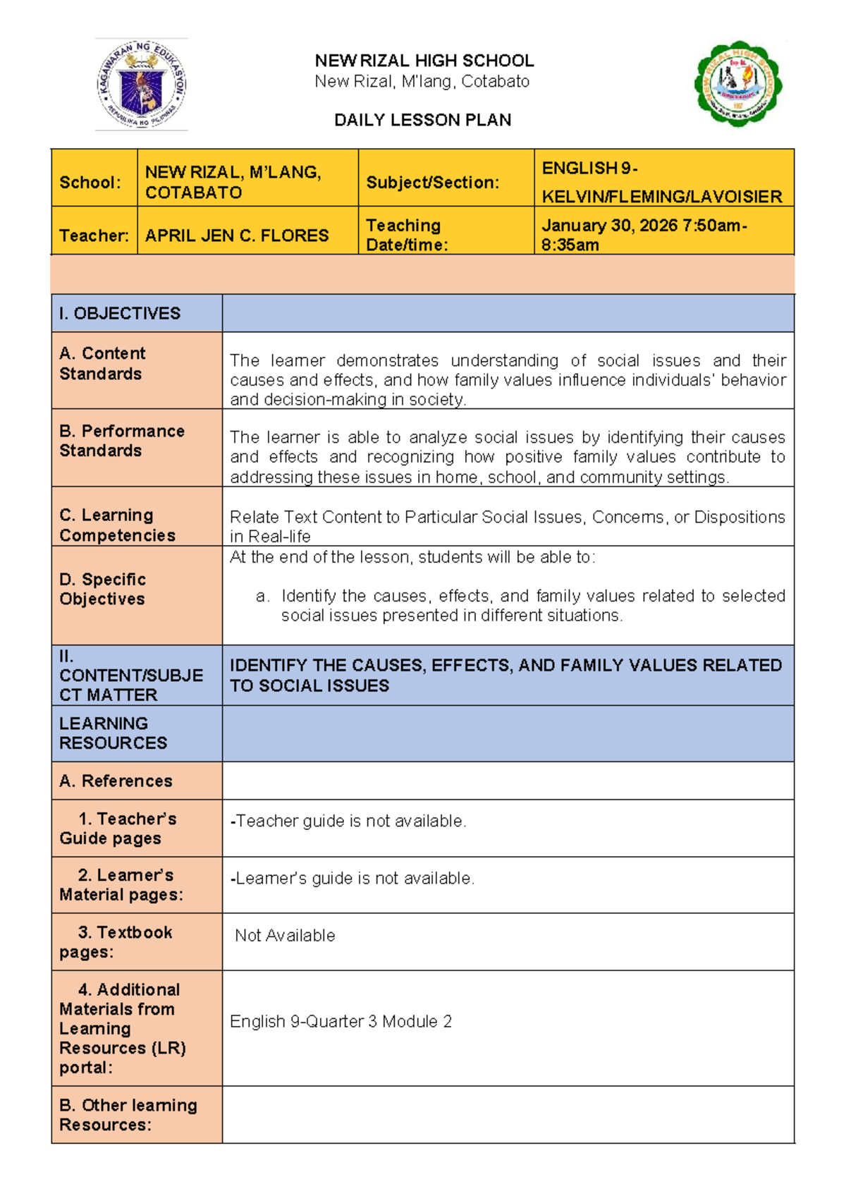 DLP ENGLISH 3: Daily Lesson Plan on Social Issues - Jan 30, 2026 - Studocu