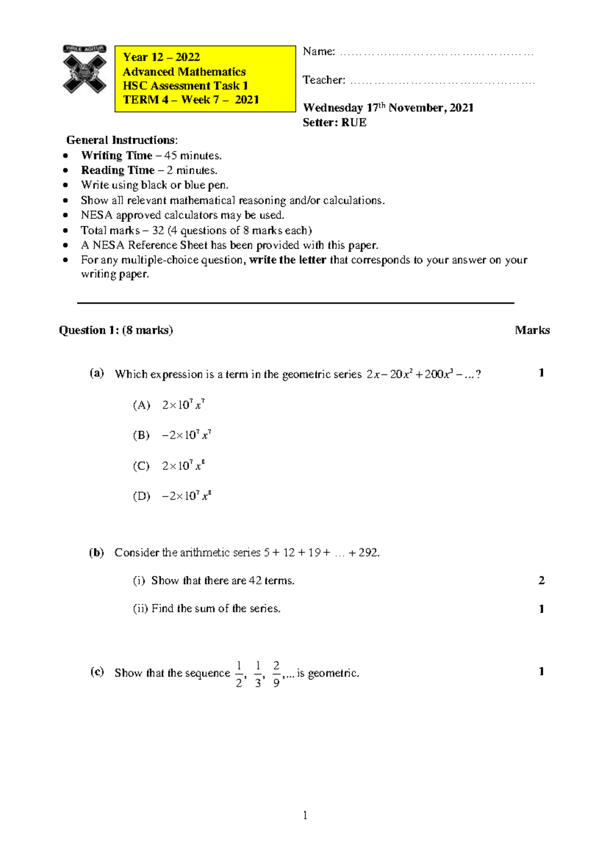2022 Y12 MA HSC Assessment Task 1 - Advanced Mathematics Exam - Studocu