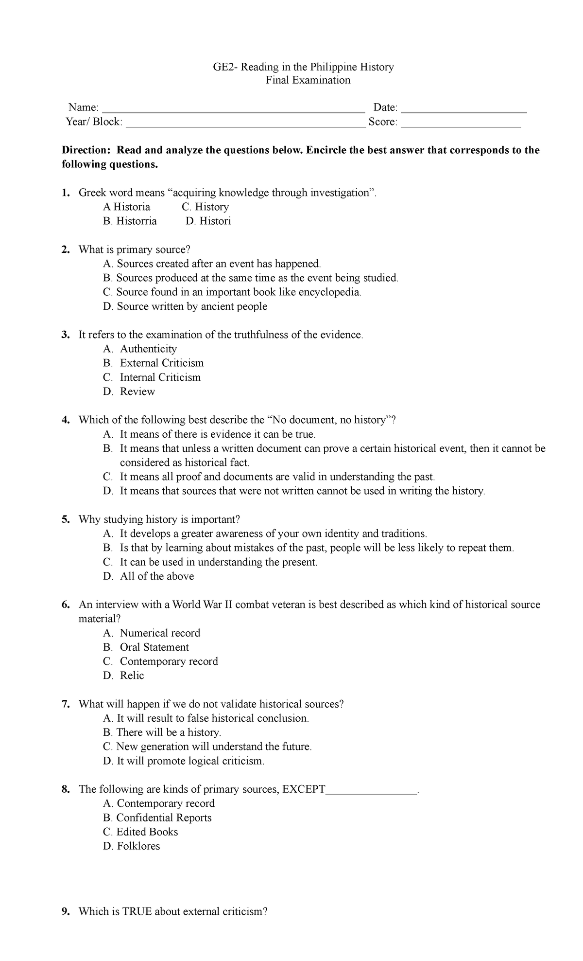 RPH - Final Exam - Philippine History Reading Questions and Answers ...