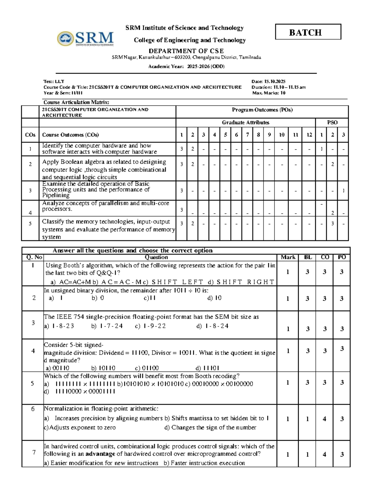 21CSS201T COMPUTER ORGANIZATION AND ARCHITECTURE QUIZ - Studocu