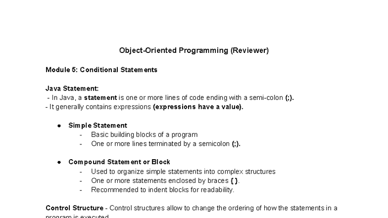 OOPR211: Midterm Review on Java Control Structures and Exceptions - Studocu