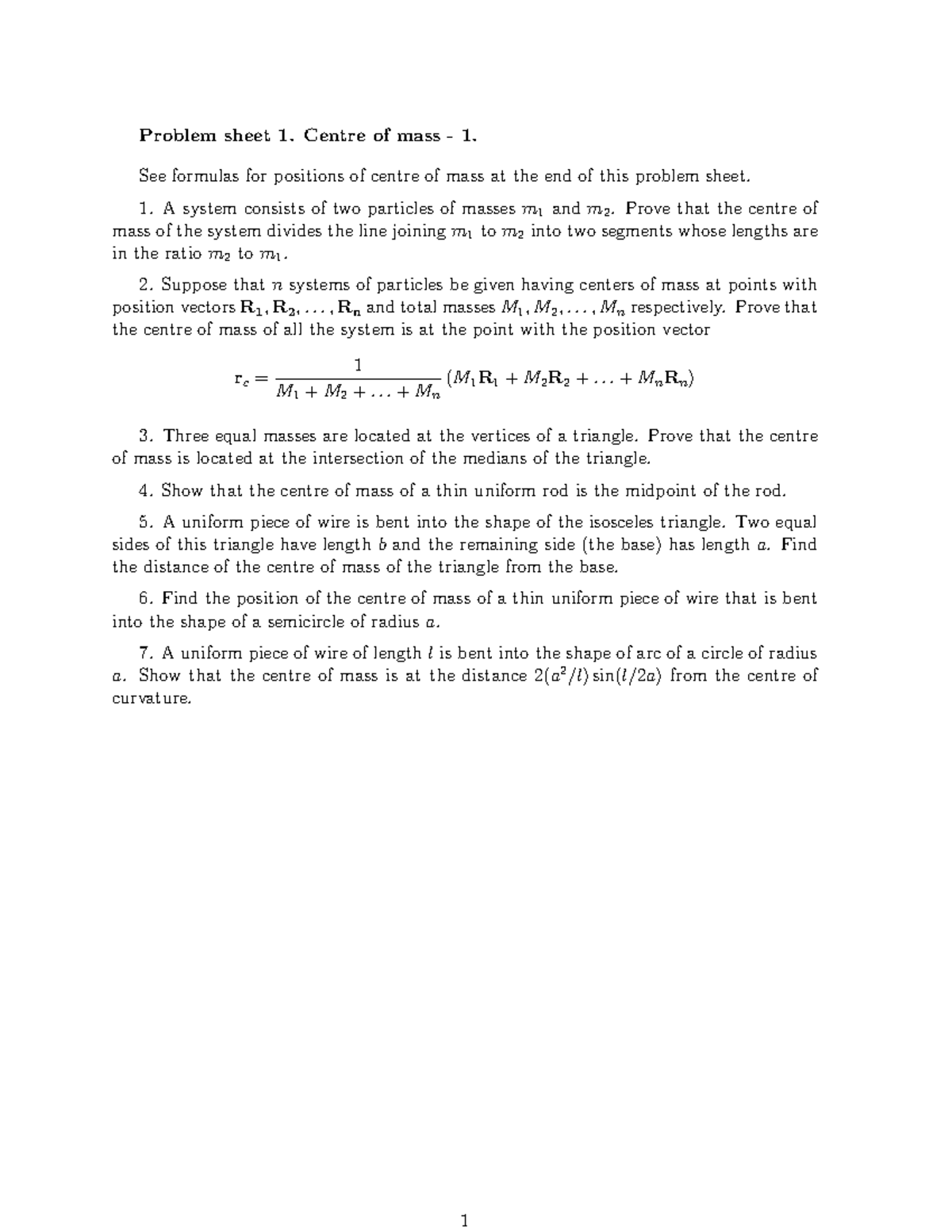 AD24 Problem Sheet 1: Centre of Mass Concepts and Proofs - Studocu