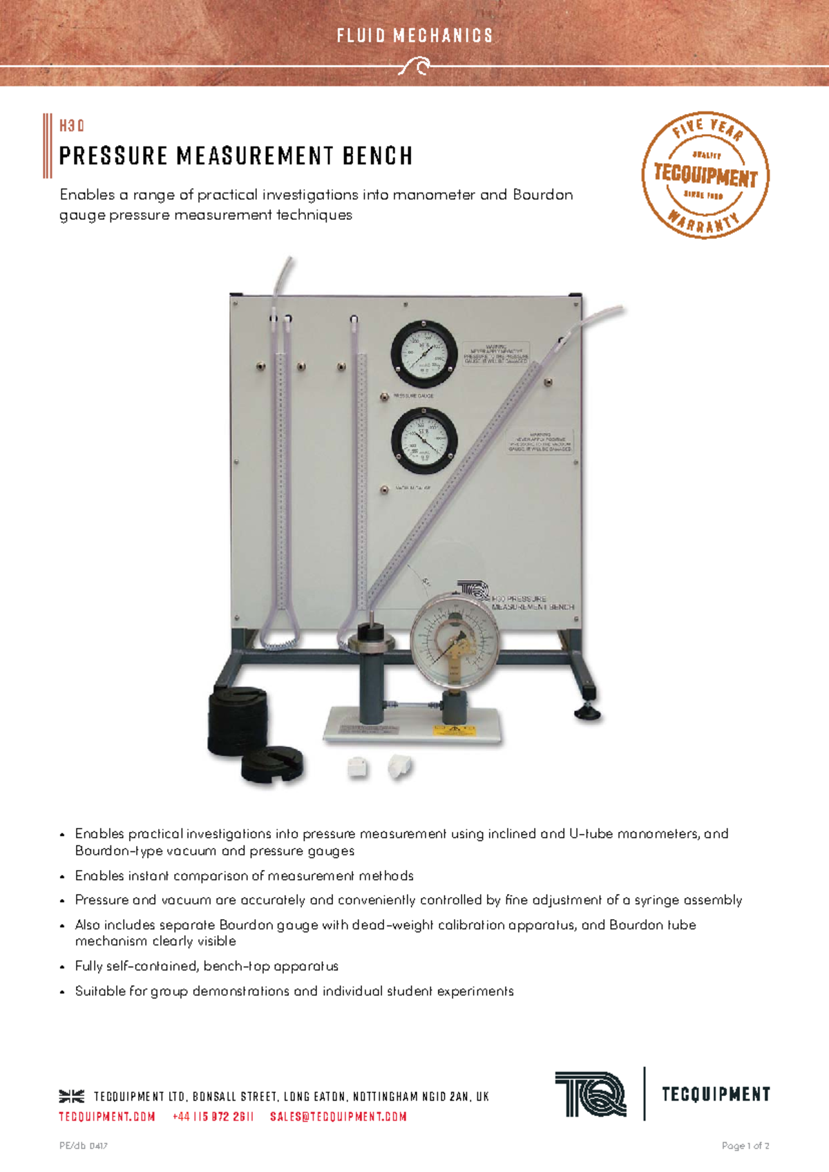 H30 Pressure Measurement Bench Datasheet - Practical Investigations ...