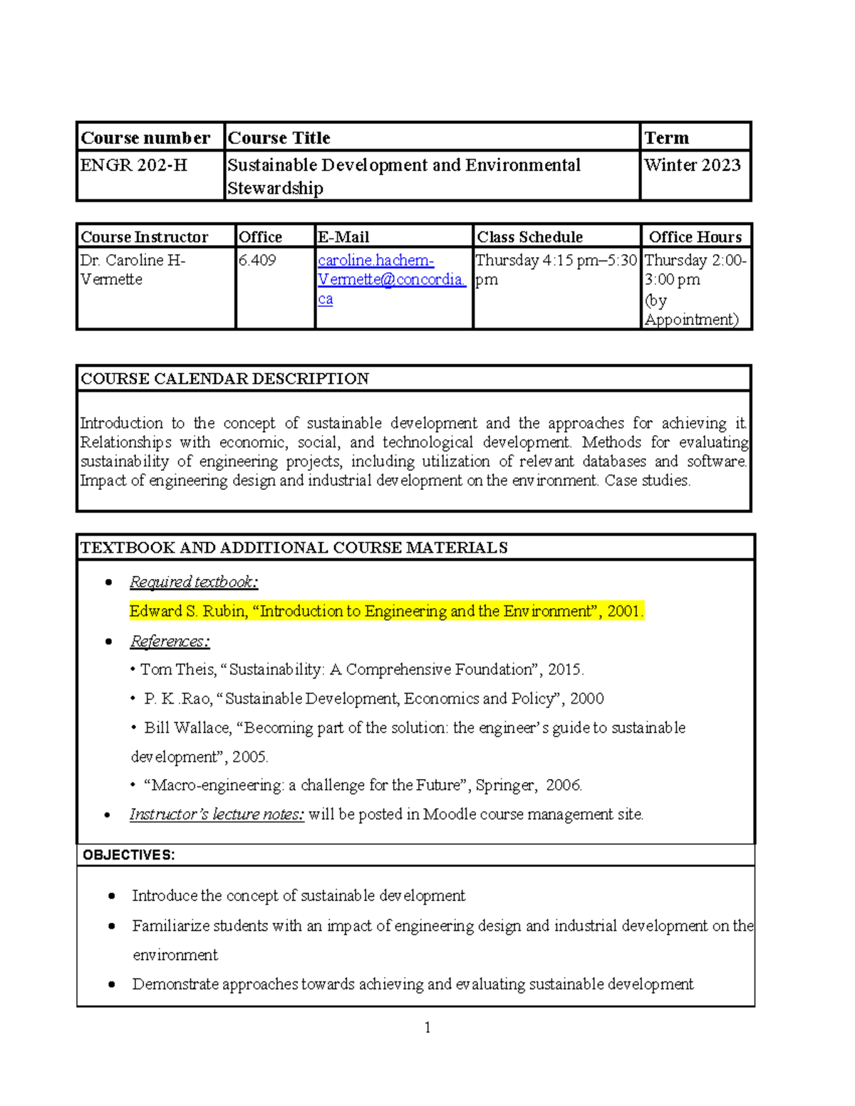 Course Outline ENGR 202 - Sustainable Development & Environmental ...