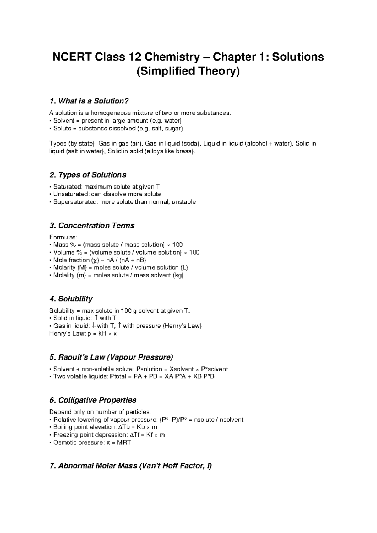 NCERT Class 12 Chemistry Chapter 1: Solutions Theory Overview - Studocu