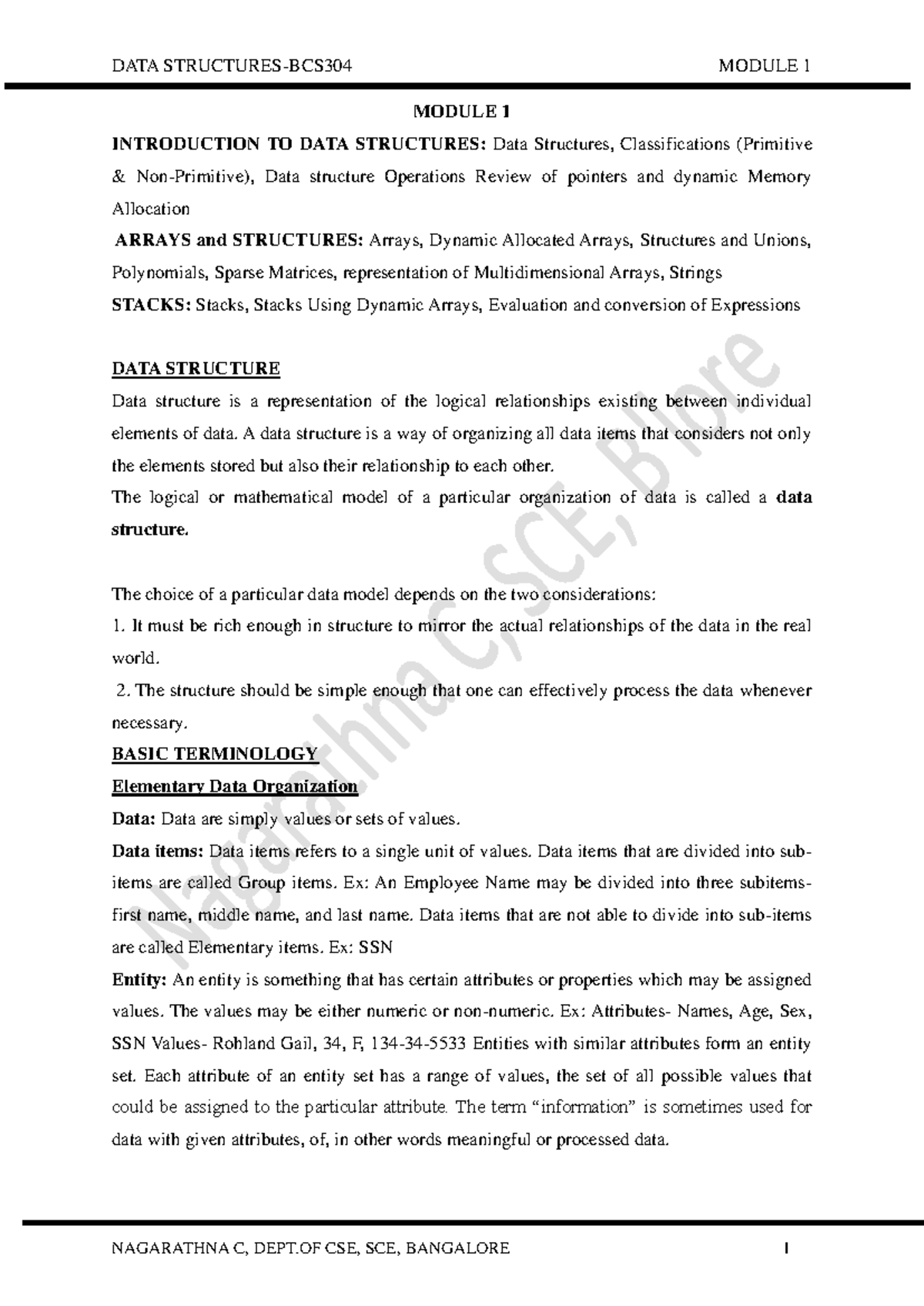 Module 1-DS - MODULE 1 INTRODUCTION TO DATA STRUCTURES: Data Structures, Classifications ...