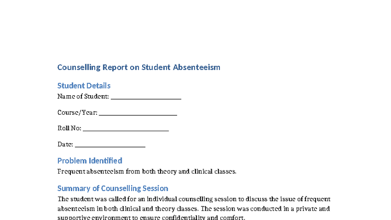 Counselling Report on Student Absenteeism: Action Plan & Support - Studocu