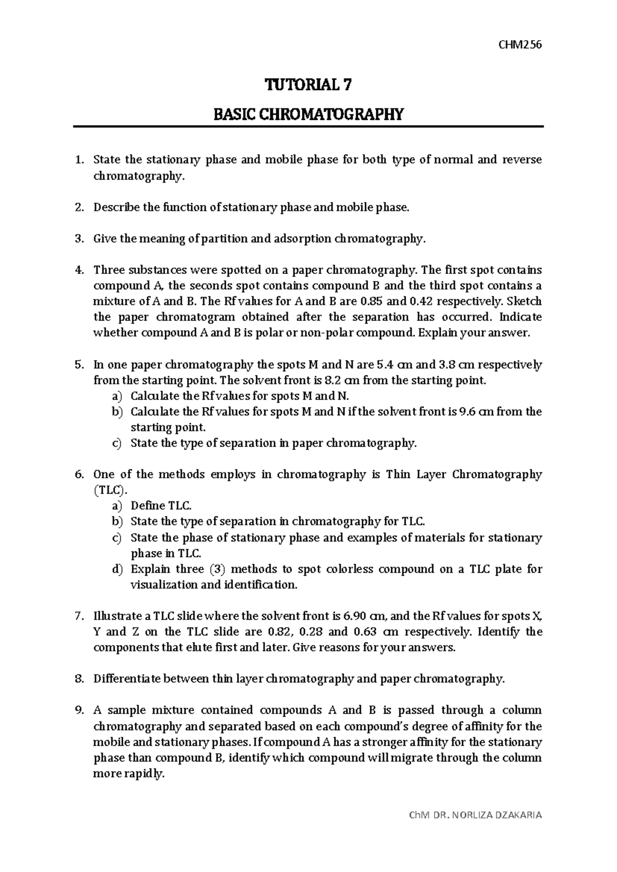 CHM256 Tutorial 7: Basic Chromatography Concepts and Calculations - Studocu