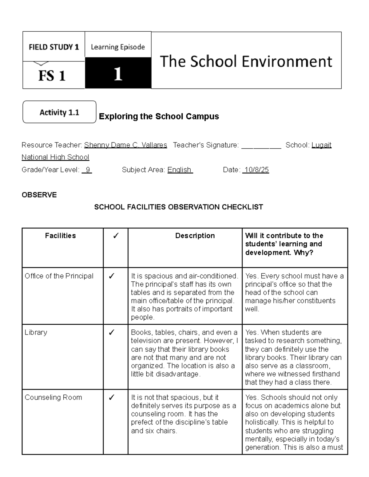 Classroom Facilities Observation Report for FS - Learning Episode 1 ...