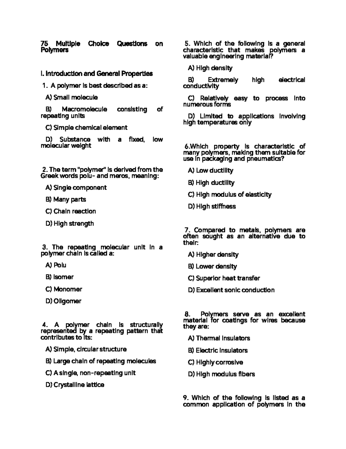 75 Multiple Choice Questions on Polymers - Engineering Insights - Studocu
