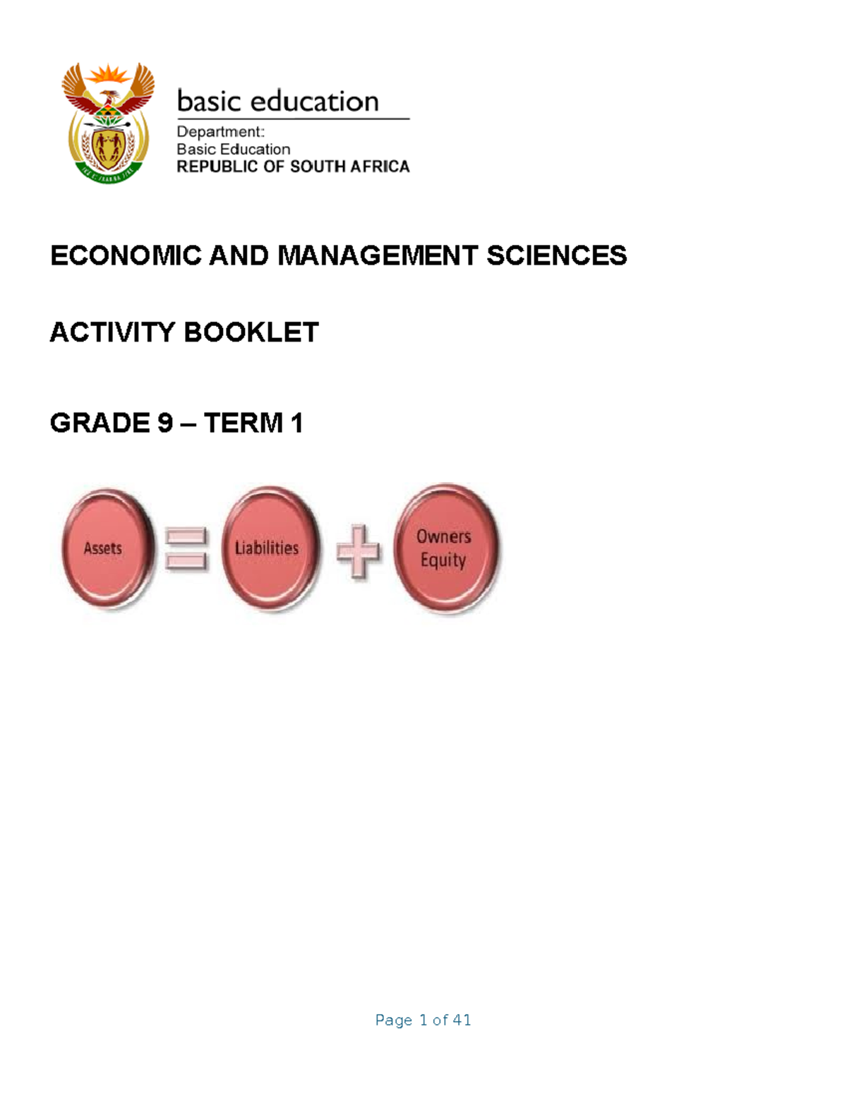 Grade 9 EMS Term 1 Activity Booklet: Economic Systems & Circular Flow ...