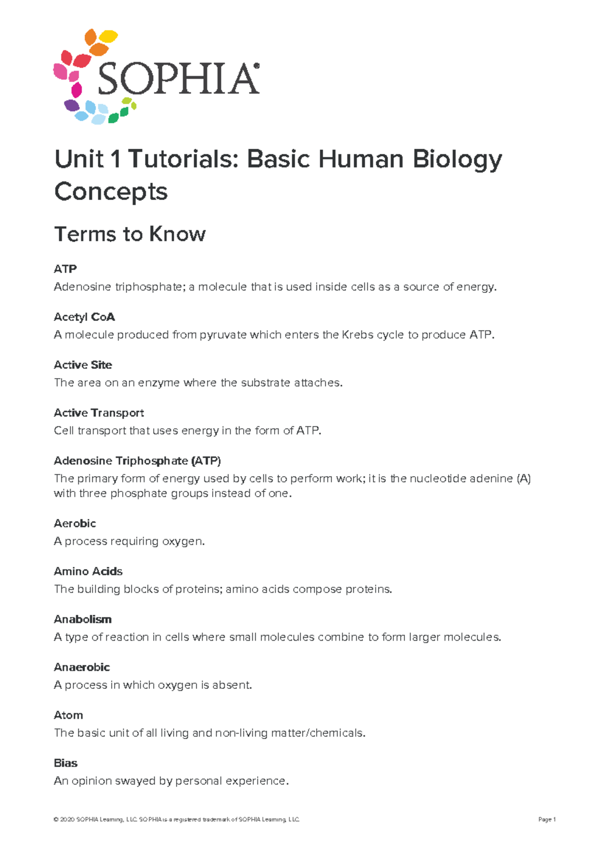 Basic human biology concepts glossary - Unit 1 Tutorials: Basic Human ...