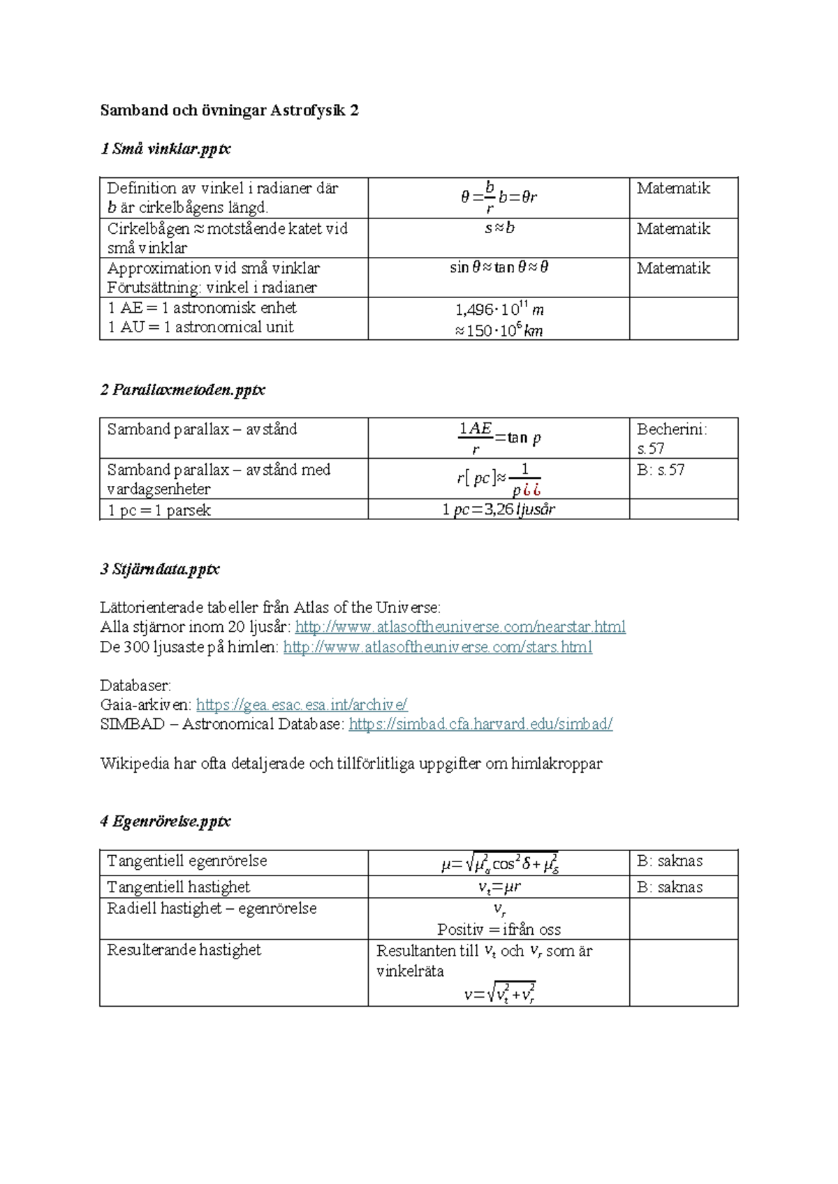 Samband och övningar i Astrofysik 2: Små vinklar och Parallaxmetoden ...