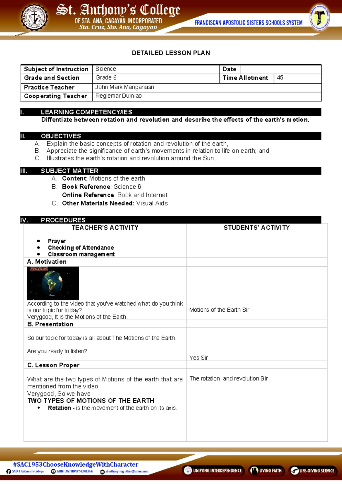 DLP: Science 6 Lesson Plan on Earth's Motions and Seasons - Studocu