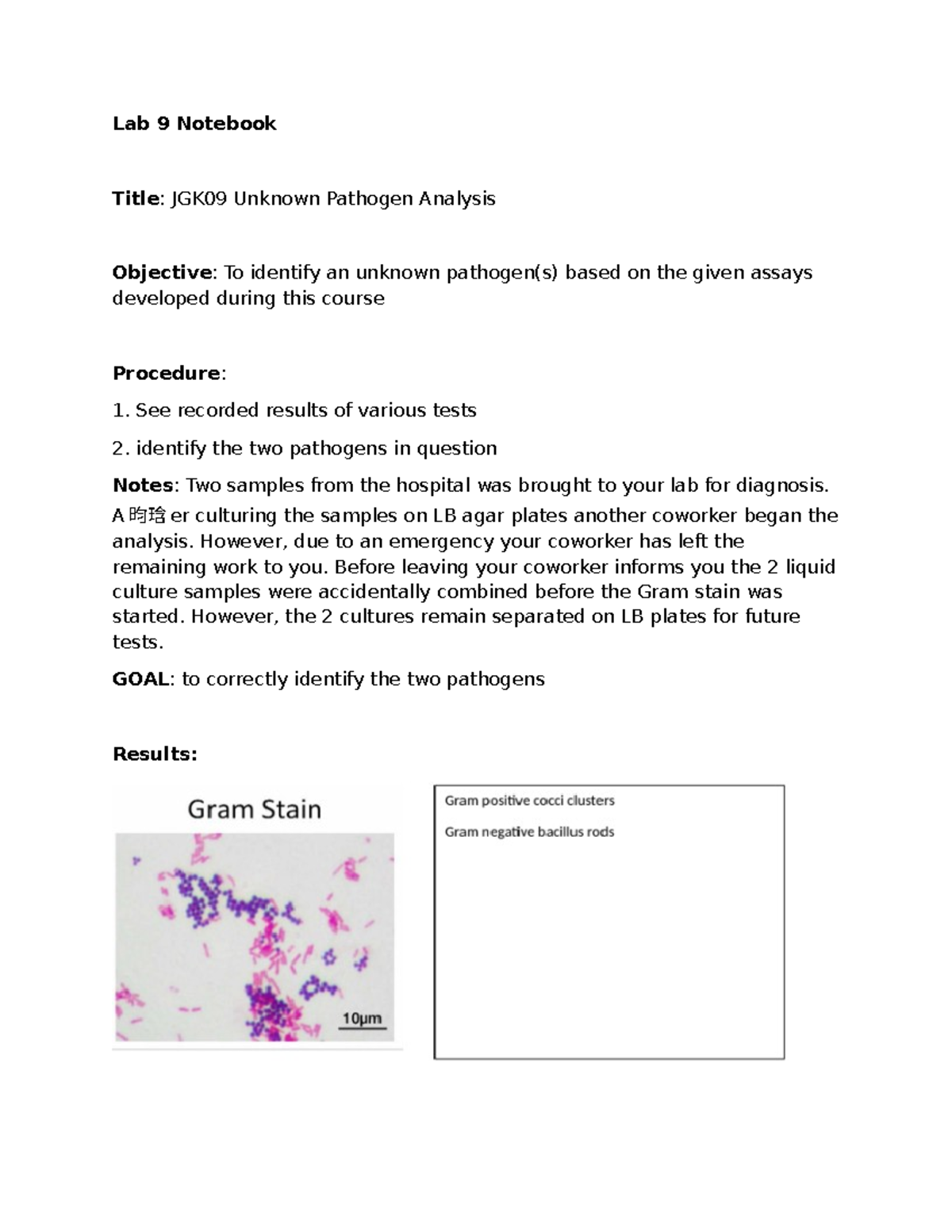 Lab 9 - JGK09 Unknown Pathogen Analysis and Procedure Guide - Studocu