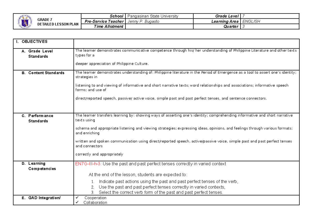 Detailed Lesson Plan on Past and Past Perfect Tenses - EN7G-III-h-3 ...