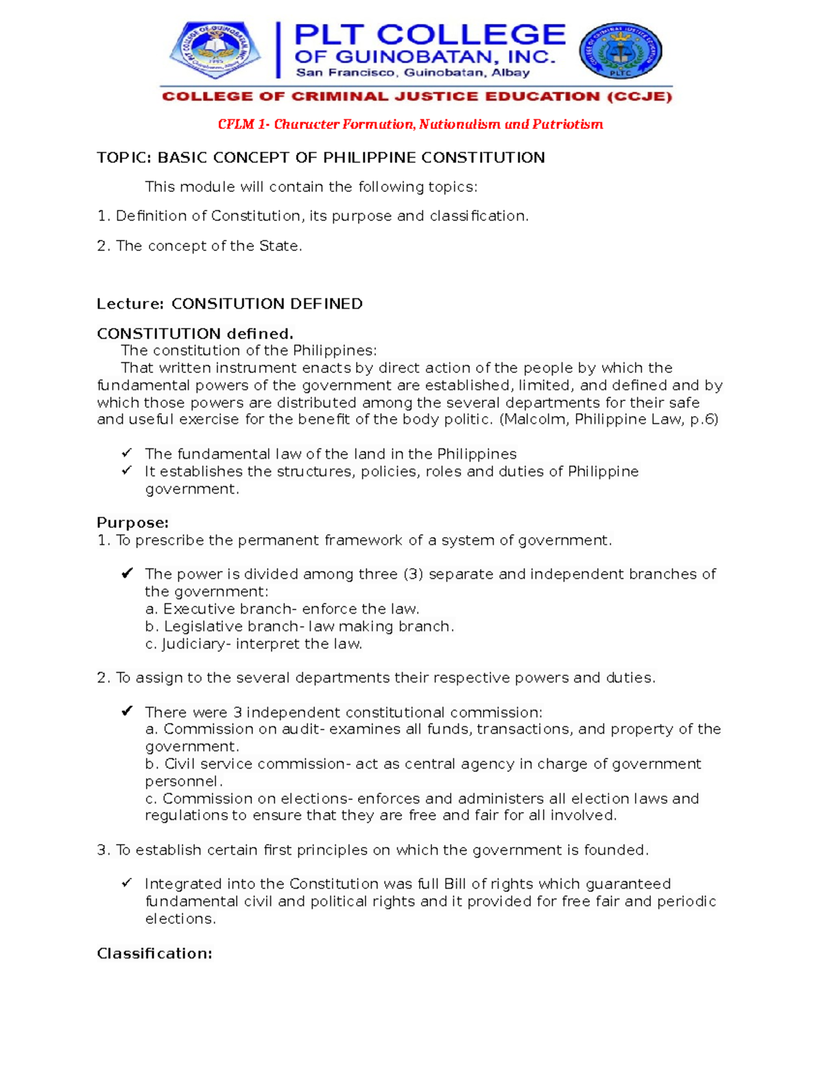 CFLM-1-Lecture Notes: Basic Concepts of the Philippine Constitution ...