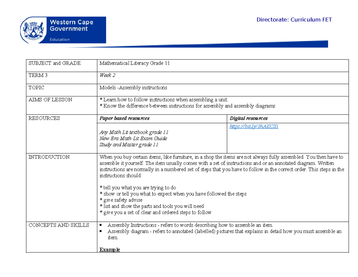 Grade 11 Term 3 Week 2 - Maths Lit Assembly Instructions Lesson Plan ...