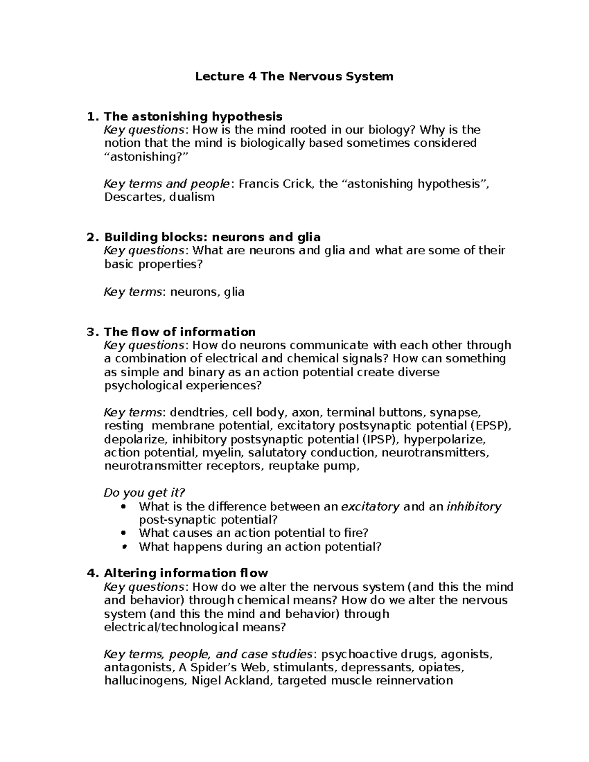 Lecture 04 Nervous System Notes Lecture 4 The Nervous System 1 The Astonishing Hypothesis Key
