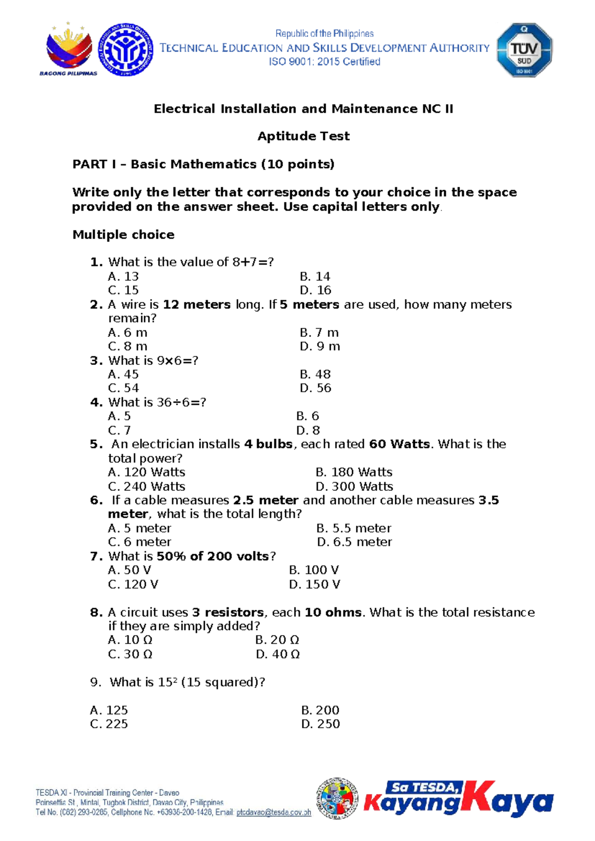 Aptitude Test for Electrical Installation & Maintenance NC II - Studocu