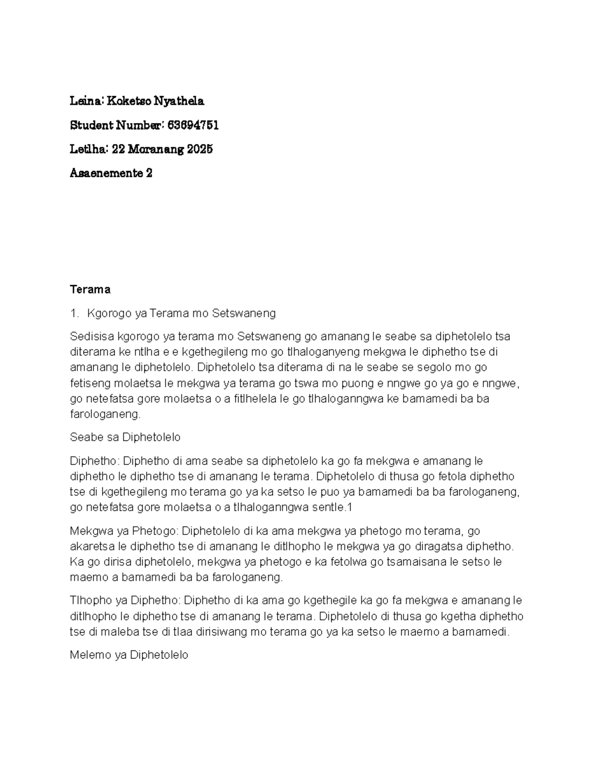 Tsw2605: Seabe sa Diphetolelo mo Terama - Assignment 2 - Studocu
