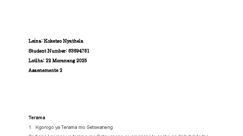 Tsw2605: Seabe sa Diphetolelo mo Terama - Assignment 2 - Studocu