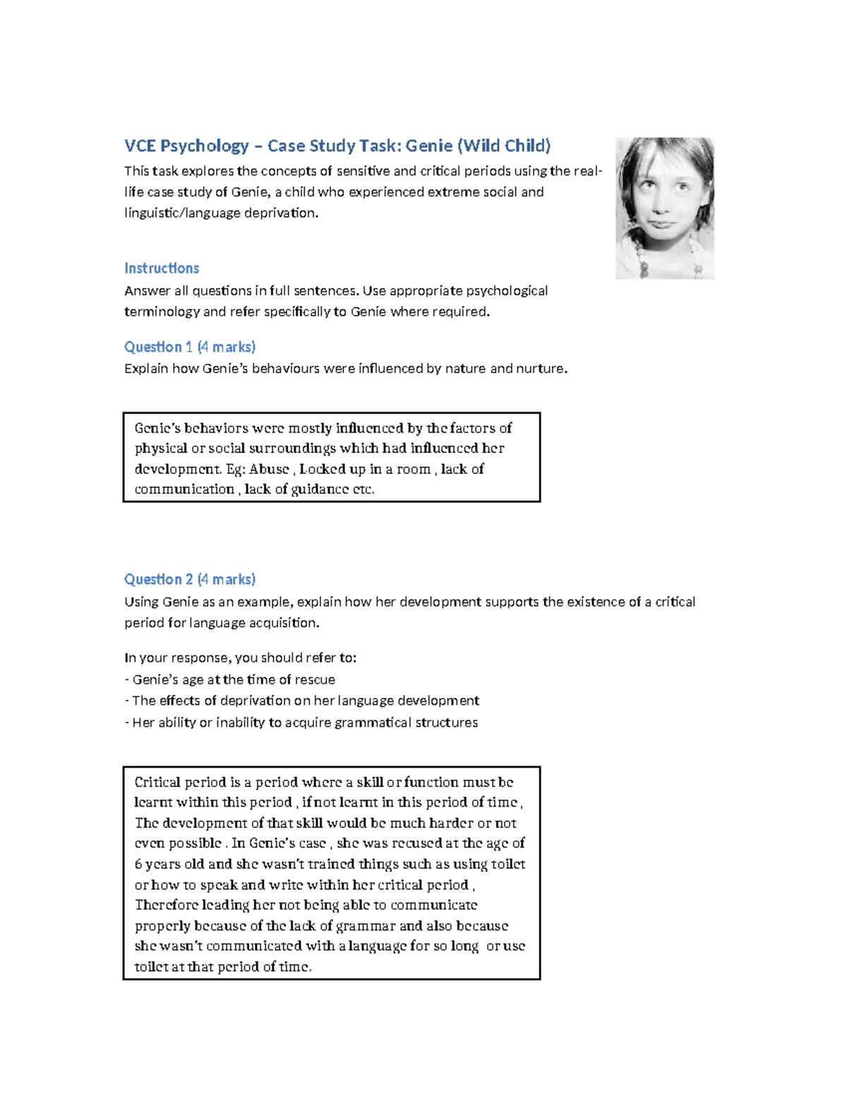 WS Genie Wild Child VCE Psychology Case Study Task 2026 - Studocu