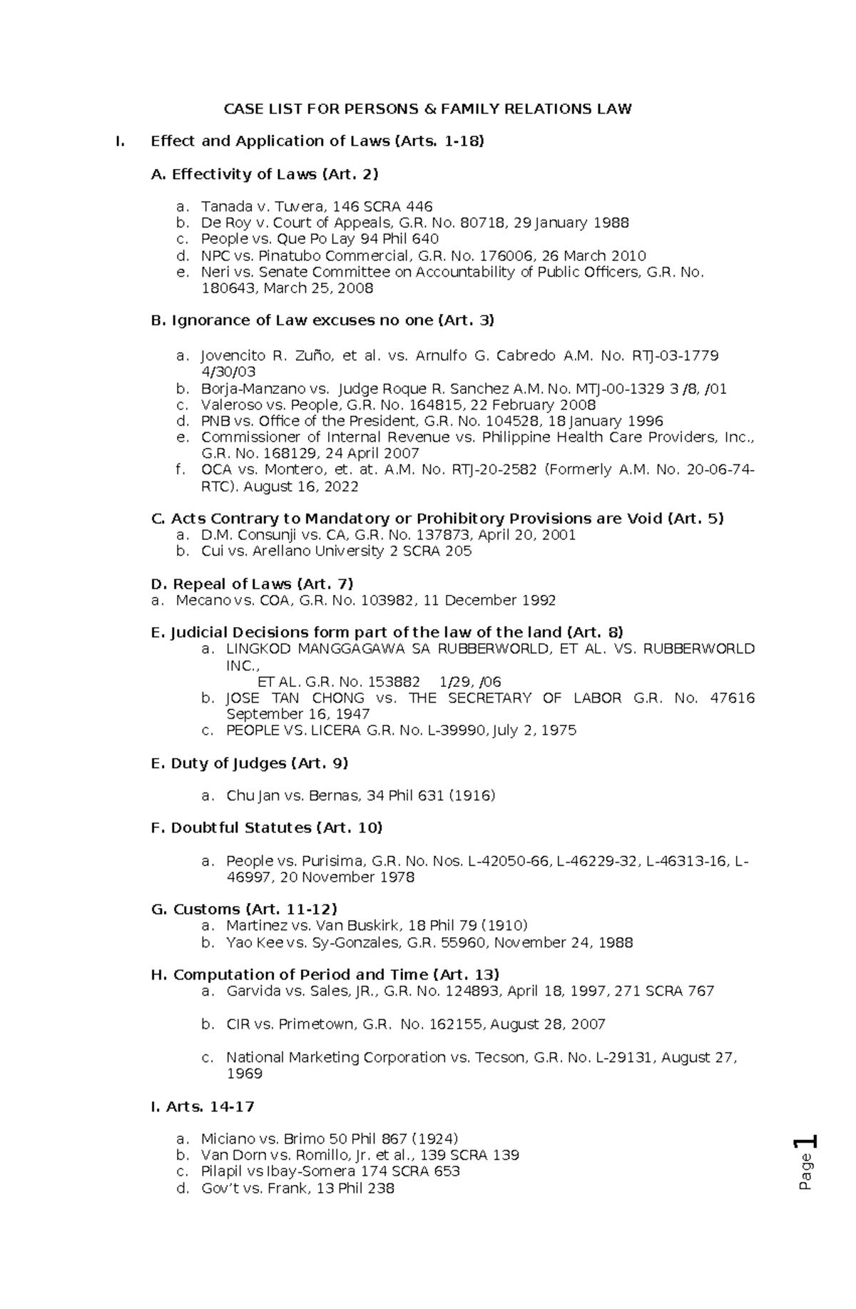 CASE LIST FOR Persons Family Relations LAW: Key Legal Precedents - Studocu