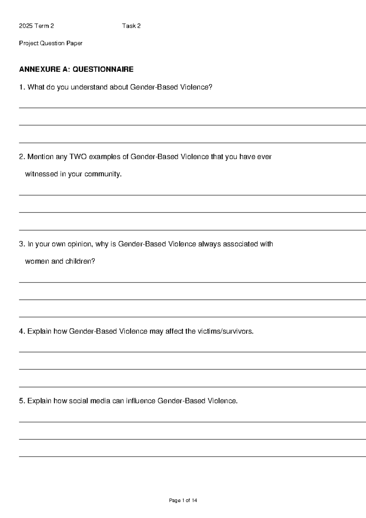 GBV Questionnaire Recreated - 2025 Term 2 Task 2 Project Question Paper ...